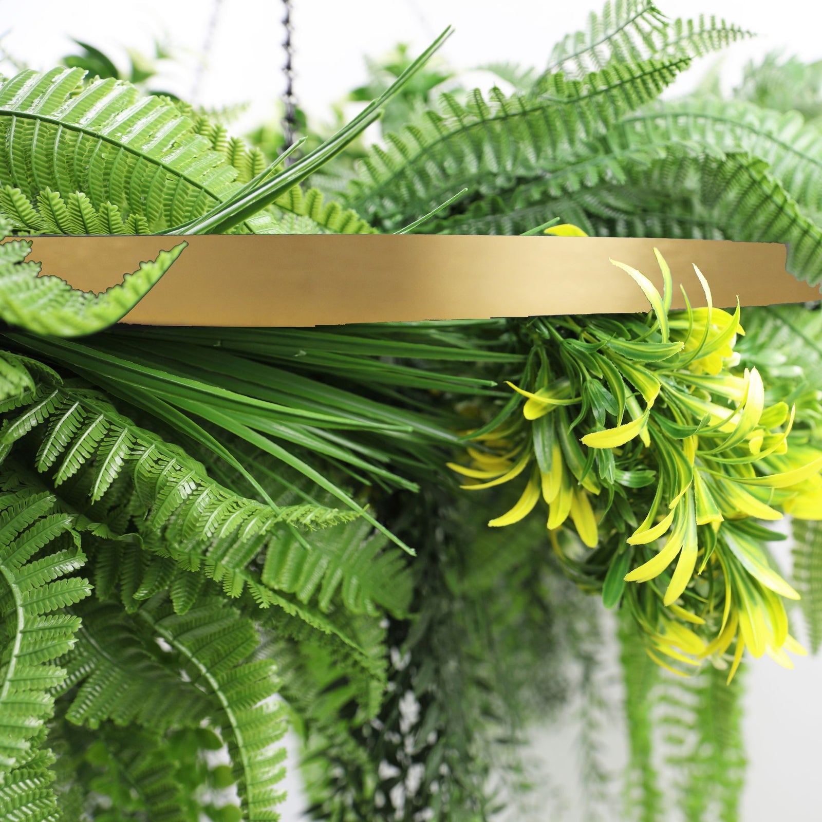 Gold Framed Roof Hanging Disc With Draping Life-Like Ferns and Plants